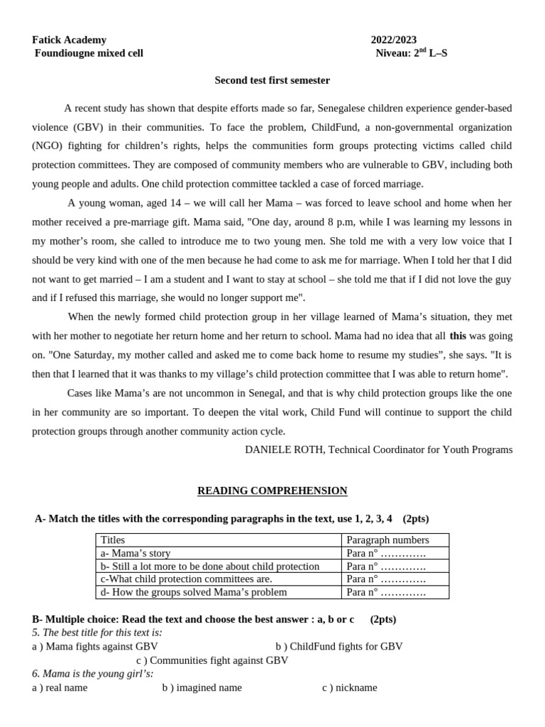 Fifth Form Test - Validated | PDF