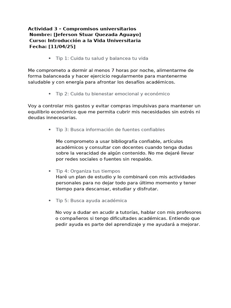 Mis Compromisos en Mi Inicio Universitario | PDF