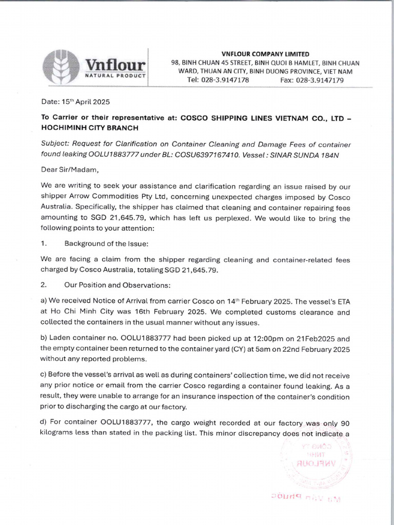 Letter From VNFLOUR To Carrier COSCO. Signed | PDF | Freight Transport