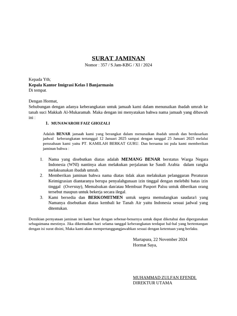 Surat Jaminan Imigrasi Perorangan | PDF