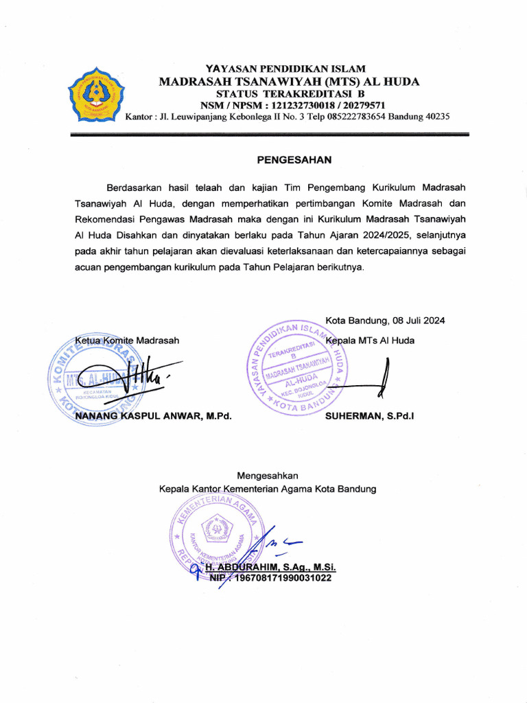 Pengesahan Kurikulum MTs Al Huda 2024 | PDF