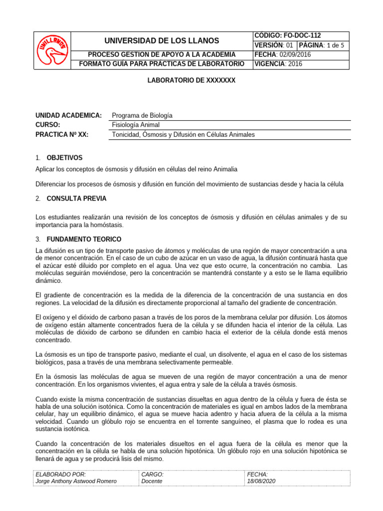 FO-DOC-112 No02 Tonicidad, Ósmosis y Difusión en Células Animales | PDF ...