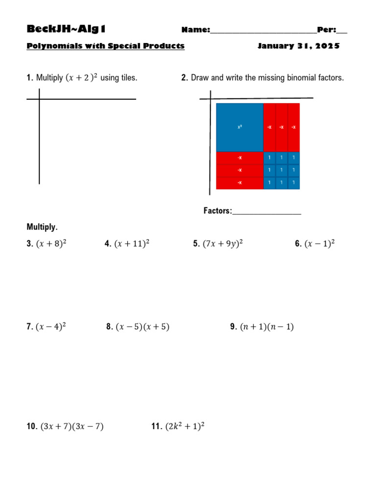 Polynomial Special Products Practice | PDF