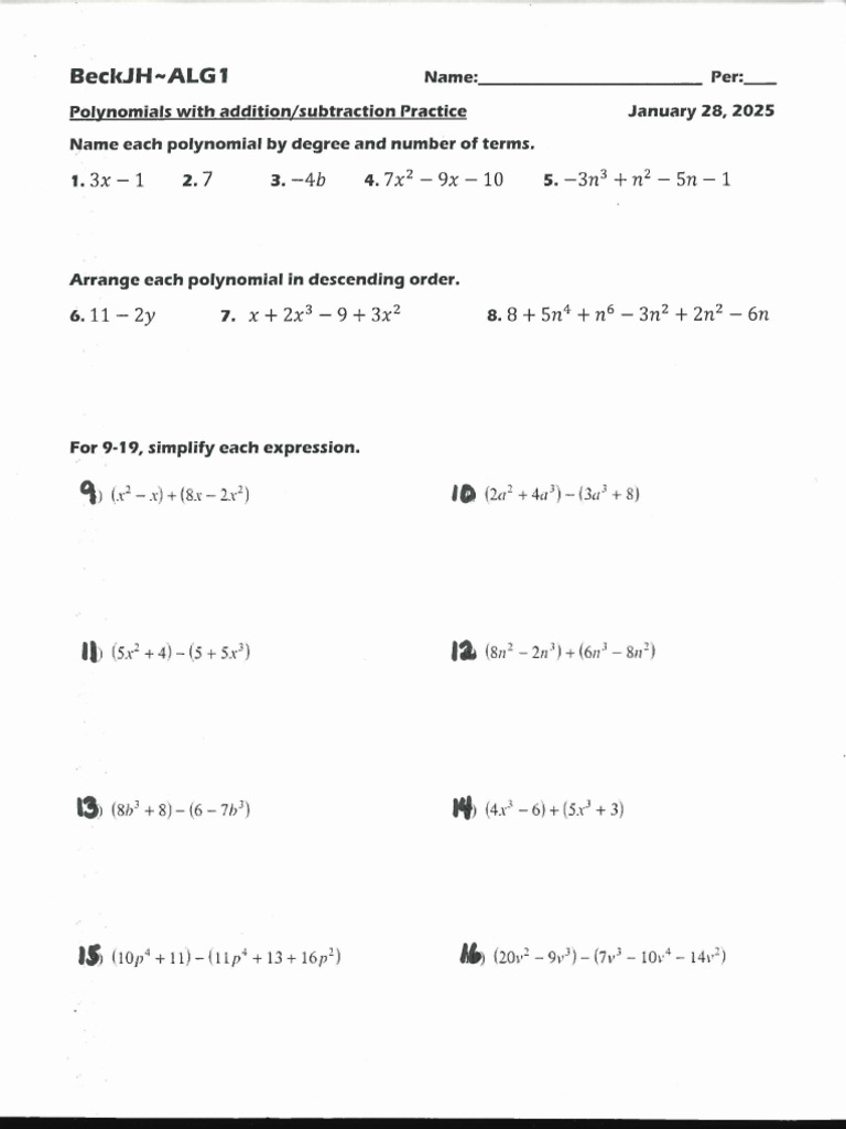 Ws Polynomials Add & Subtract 2025 | PDF