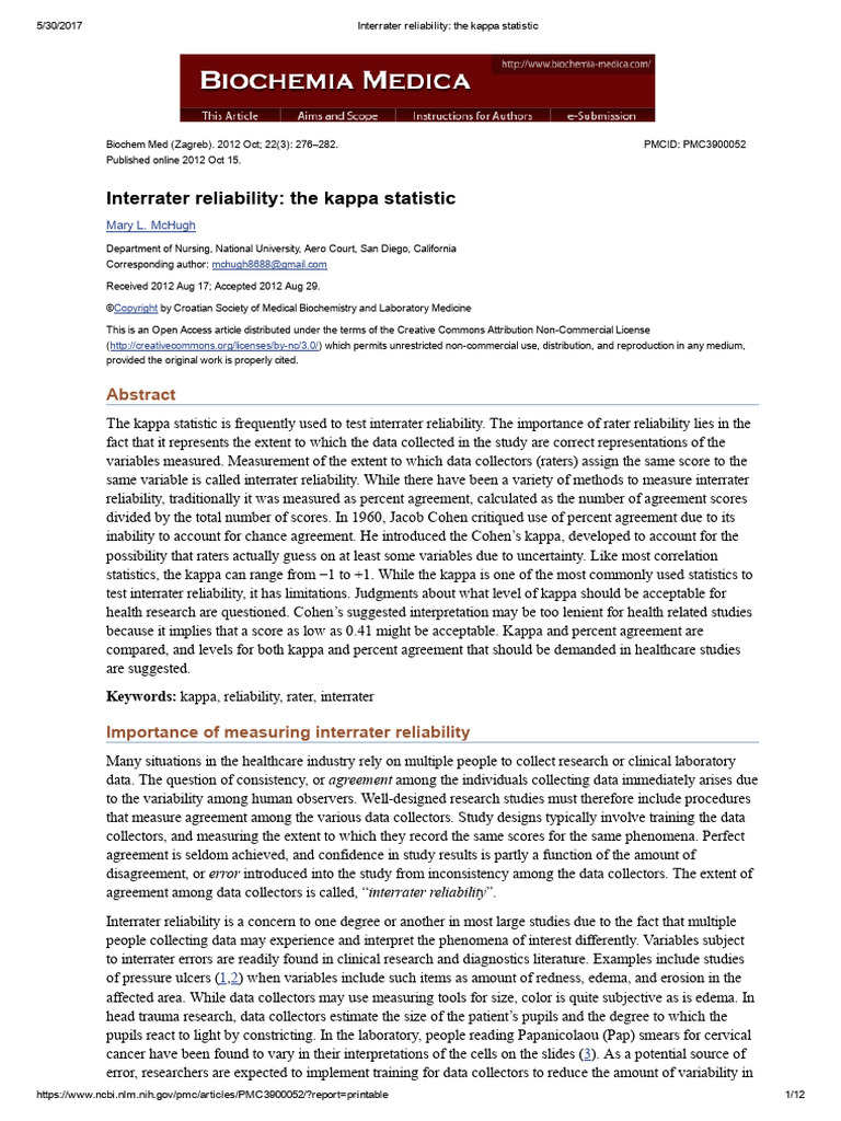 Interrater Reliability - The Kappa Statistic | PDF | Statistical ...
