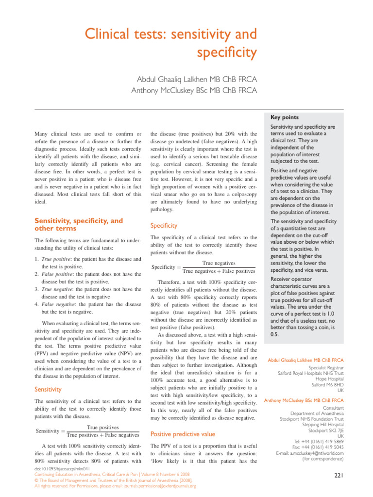 Clinical Tests Sensitivity and Specificity | PDF | Sensitivity And ...