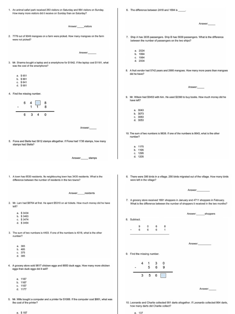 Subtraction Within 10000 (P3) | PDF