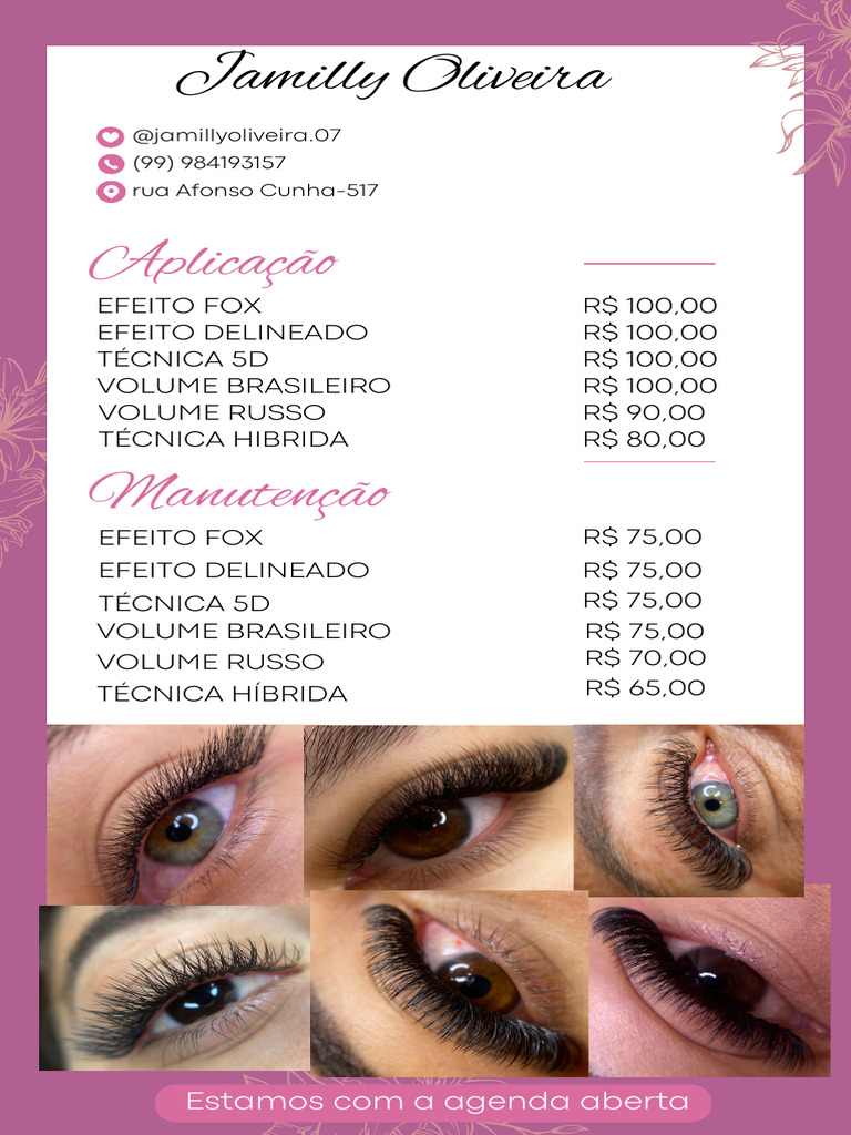 Tabela de valores alongamento de cílios | PDF