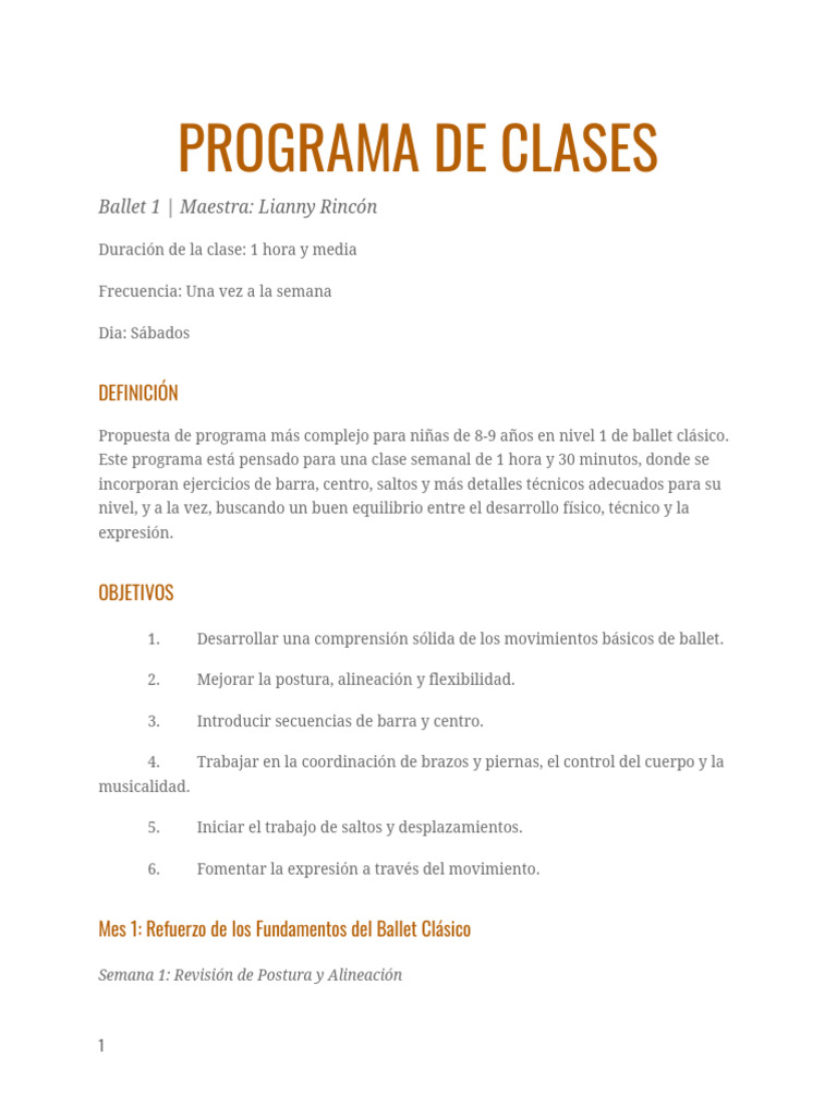 Propuesta Programa de Clases Ballet 1 | PDF | Ballet | Flexibilidad (anatomía)