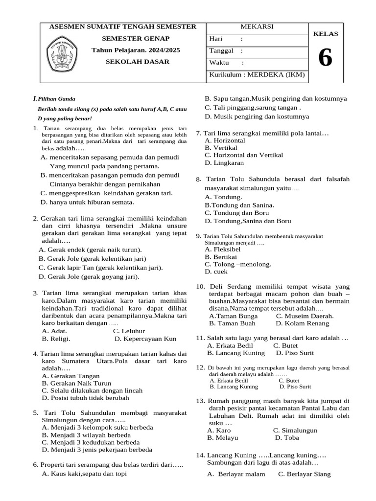 Soal PTS Genap Mekarsi KLS 6 Ta.2024-2025 | PDF