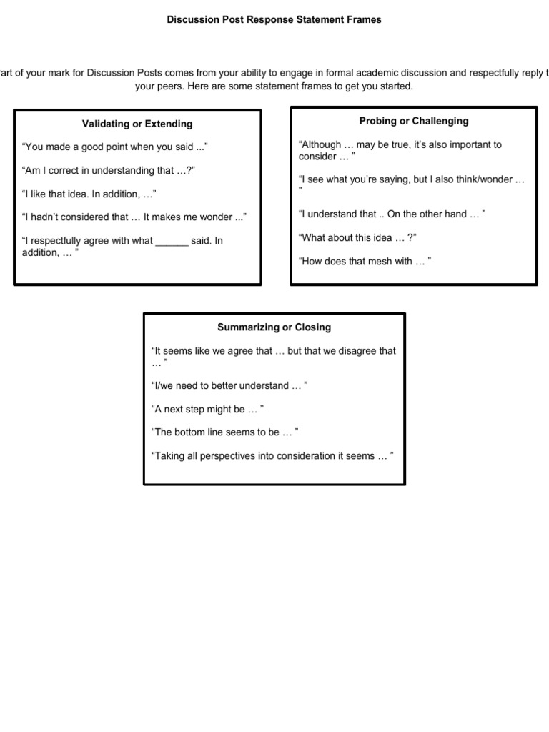Discussion Post Response Statement Frames | PDF