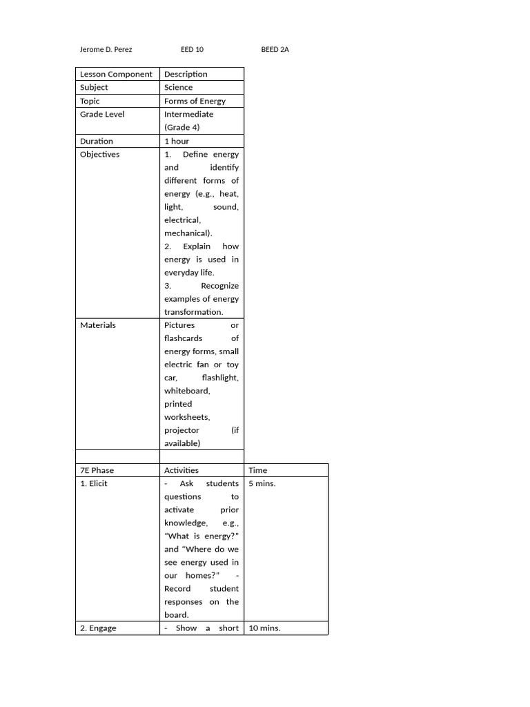EED-10-Lesson-plan ENERGY | PDF | Cognition