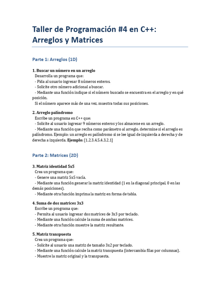 Introducción A La Programación - Taller #4 (Arreglos y Matrices) | PDF