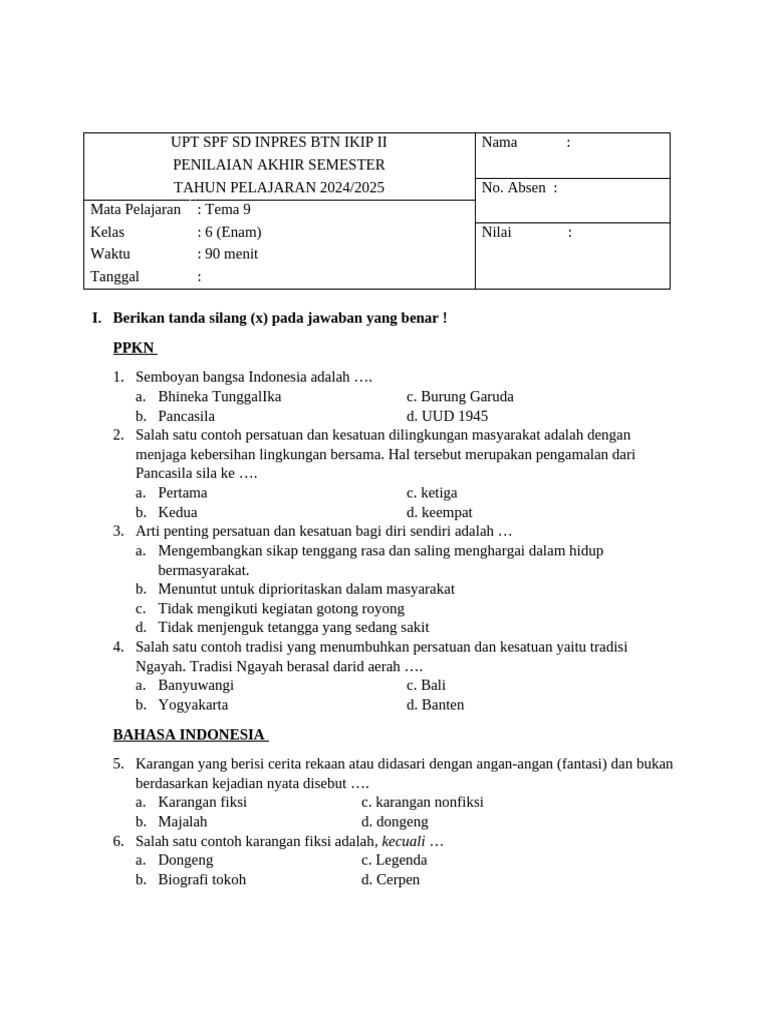 Salinan Dari SOAL PAS KELAS 6 TEMA 9 | PDF