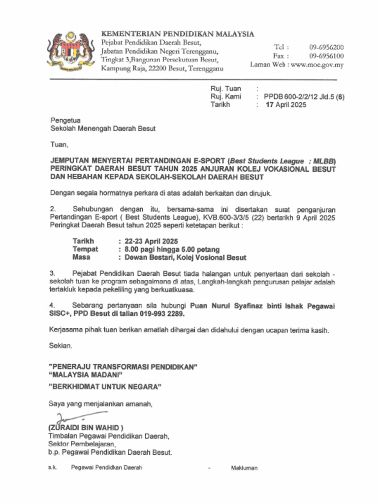 JEMPUTAN MENYERTAI PERTANDINGAN E-SPORT (Best Students League MLBB) PERINGKAT DAERAH BESUT TAHUN ...