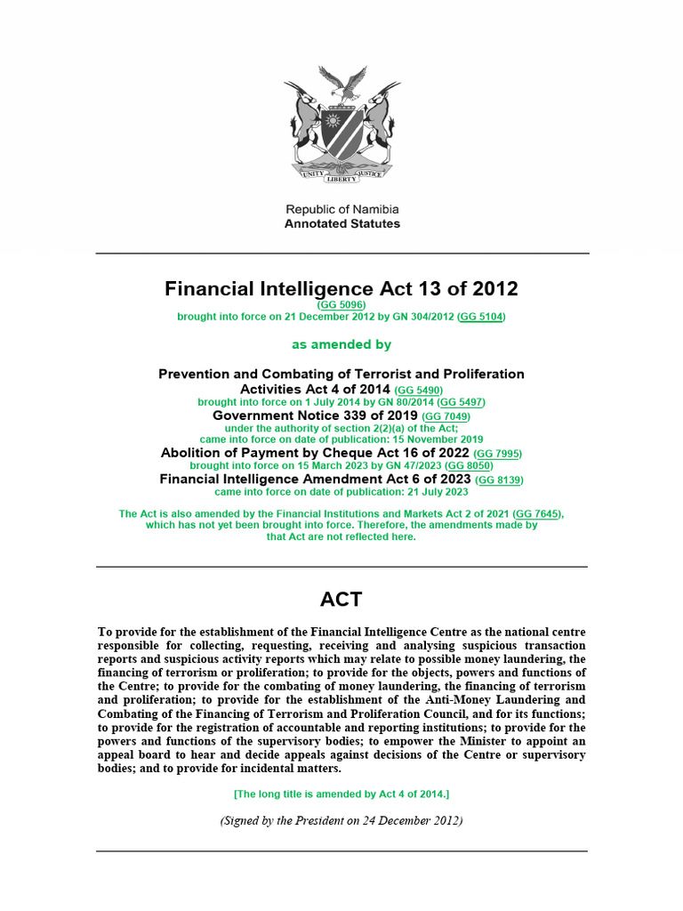 Financial Intelligence Act 13 of 2012 | PDF | Terrorism Financing | Banks
