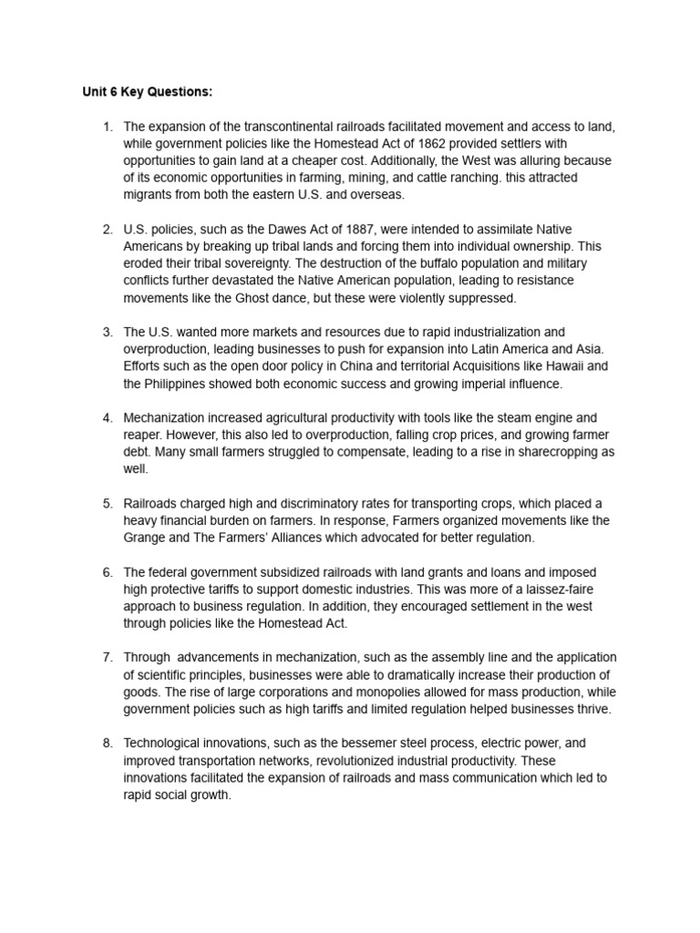 APUSH Unit 6 Review Sheet | PDF | Immigration | Labour Economics