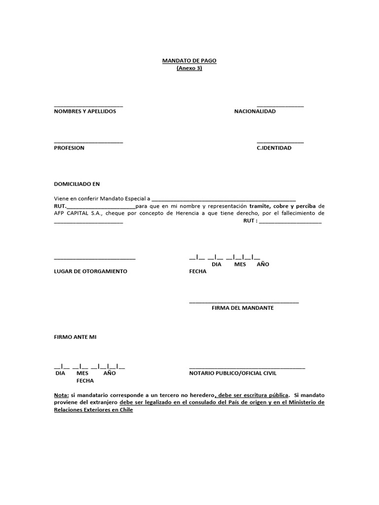 Mandato De Pago Herencia Afp Capital Pdf