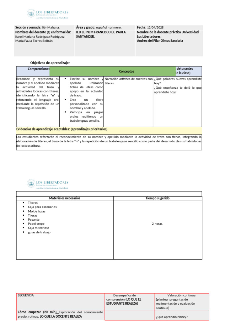PLANEACION (1) INEM (1) Narración Artística de Cuentos Con Títeres | PDF