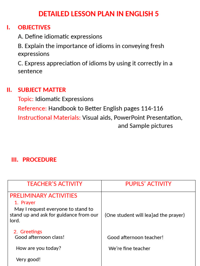 English 5 Lesson Plan on Idioms | PDF | Idiom