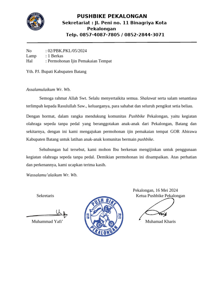 Surat Permohonan Tempat PB - PKL - GOR Abirawa | PDF