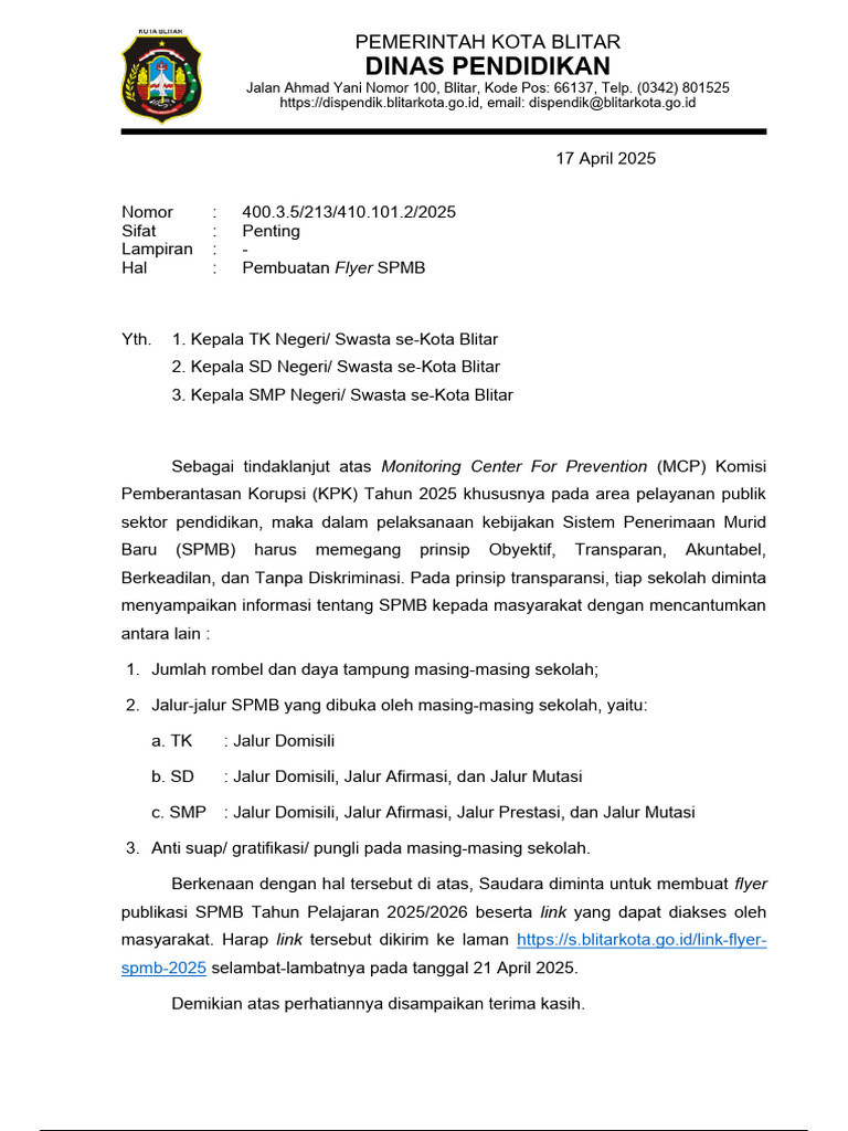 Flyer SPMB 2025 untuk Sekolah Blitar | PDF