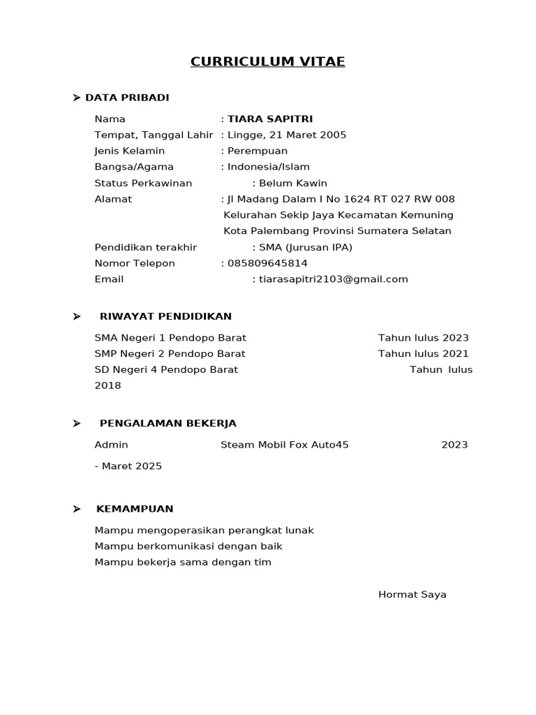 CV Surat Lamaran Tiara Sapitri | PDF