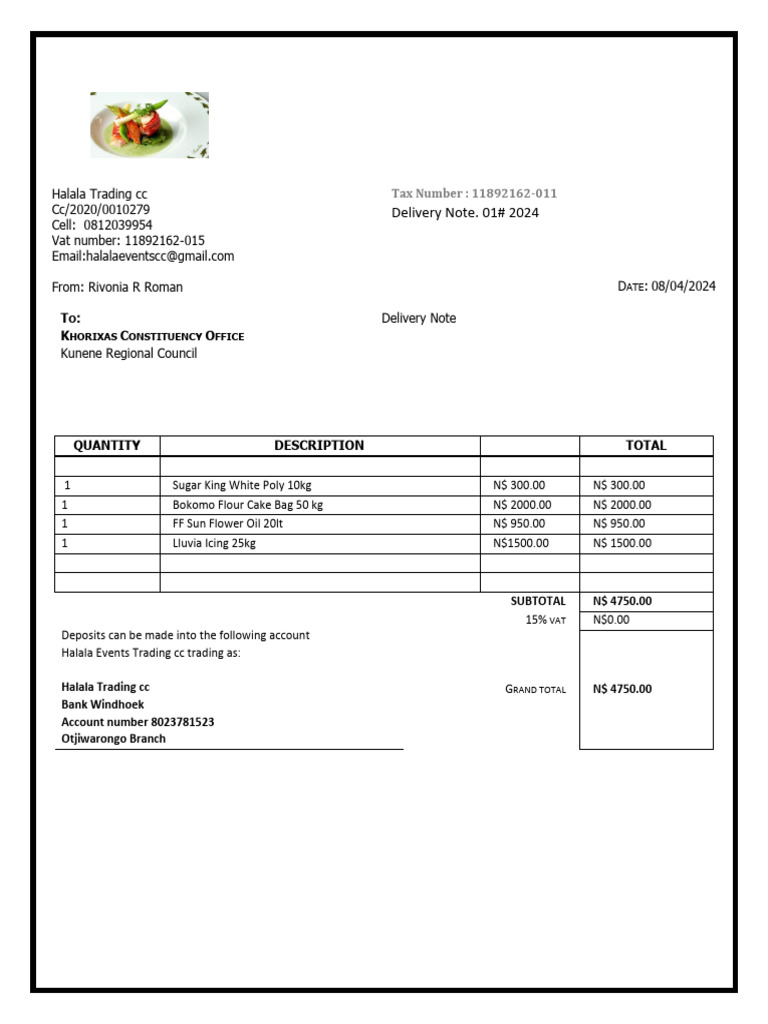 Halala Trading CC Delivery Note 1 CAKES | PDF