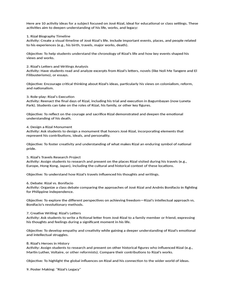 Here Are 10 Activity Ideas For A Subject Focused On José Rizal | PDF ...