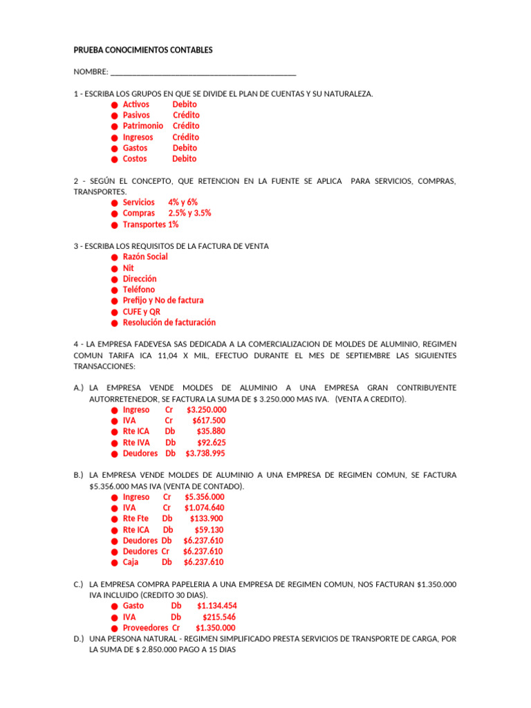 Prueba Contable Respuesta | PDF | Contabilidad | Dinero