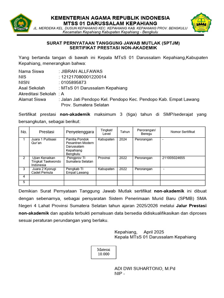 F04_SPTJM SERTIFIKAT AKADEMIK & NON-AKADEMIK | PDF