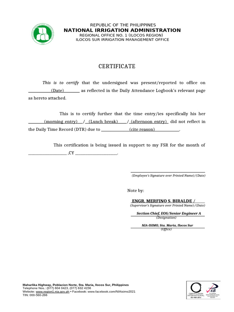 Form 65 Certificate (DTR) | PDF