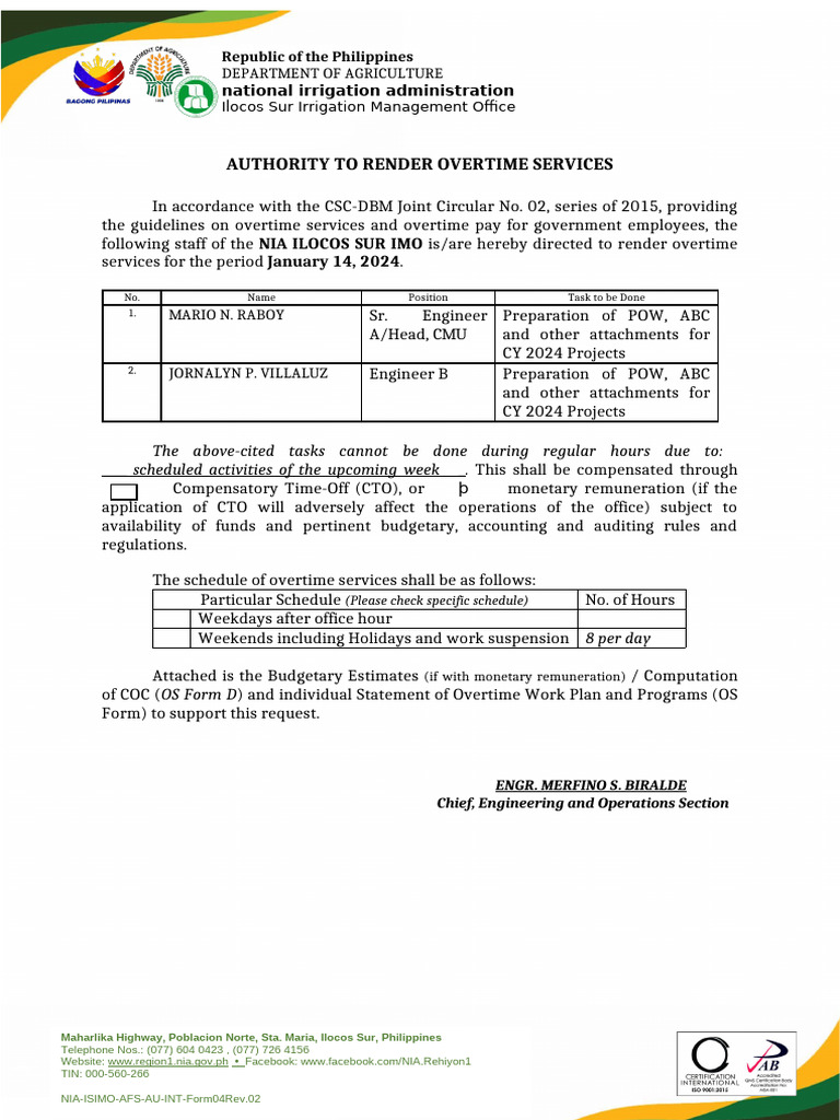 Form 10 Authority To Render Overtime Services Rev 04 | PDF | Overtime ...