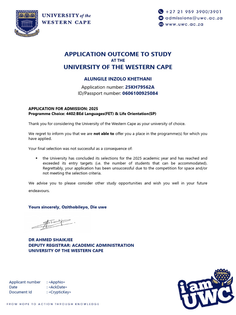 Application Outcome To Study University of The Western Cape: Alungile ...