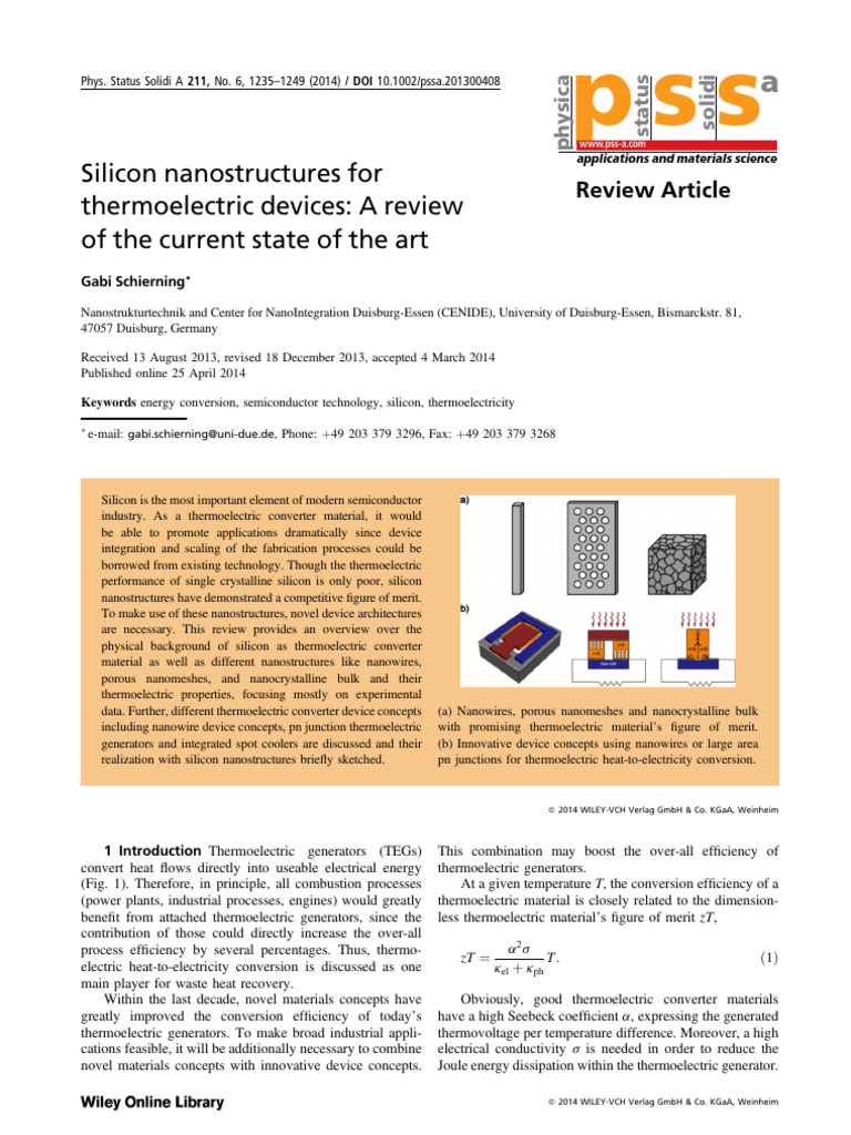 Physica Status Solidi A - 2014 - Schierning - Silicon Nanostructures For Thermoelectric Devices ...