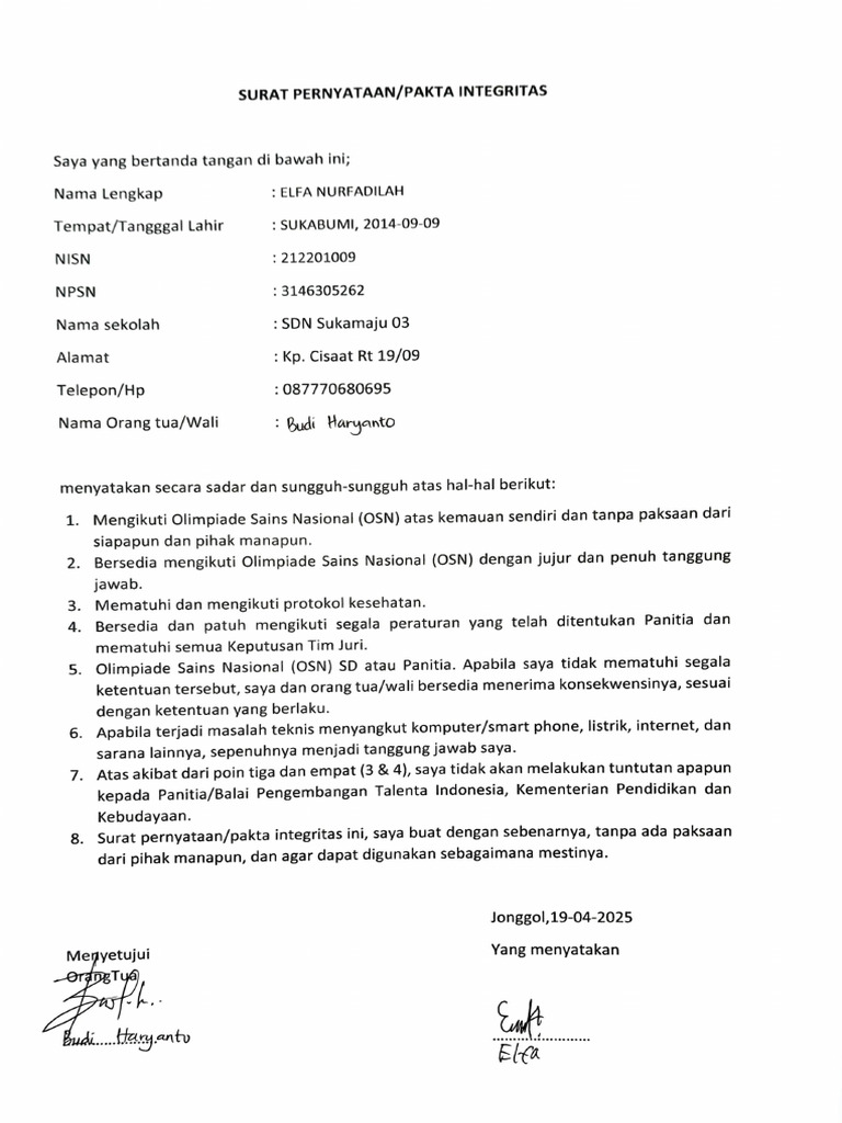 Elfa Pakta Integritas OSN | PDF