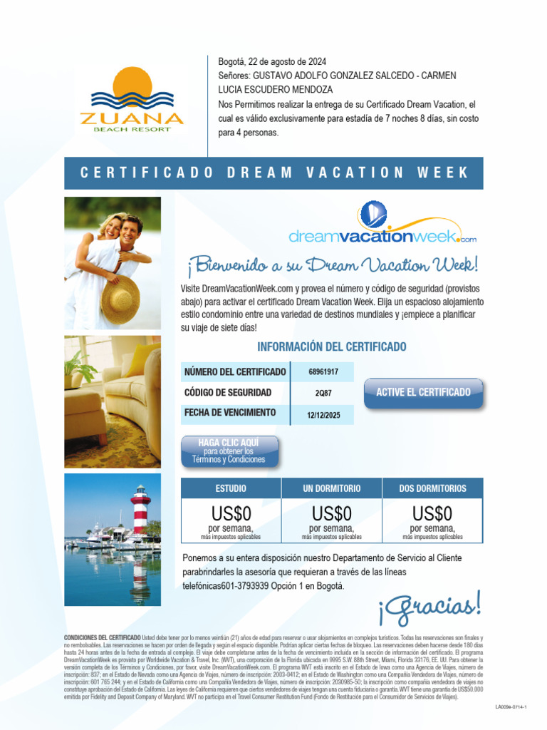 Certificado Dream Vacation Week DP 6971P | PDF