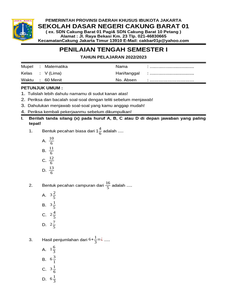 Soal PTS - Matematika - Kelas 5 - Semester 1 - Tapel 2022-2023 | PDF