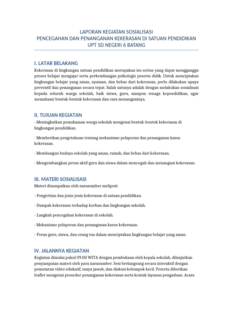 Laporan - Sosialisasi - Pencegahan - Kekerasan - SD6 - Batang | PDF