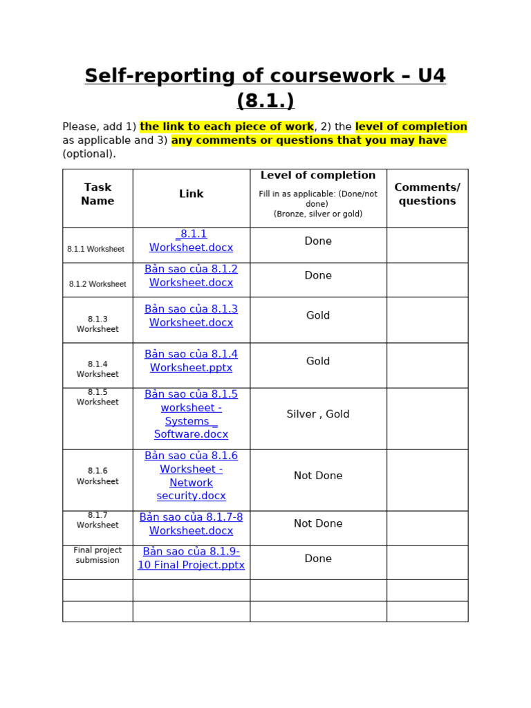 Grade 7 - Unit 4 (8.1) - Self-Reporting of Coursework | PDF