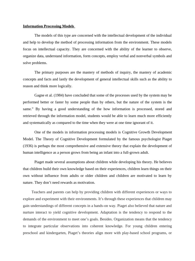 Essay Information Processing Models | PDF | Cognitive Development | Behavioural Sciences