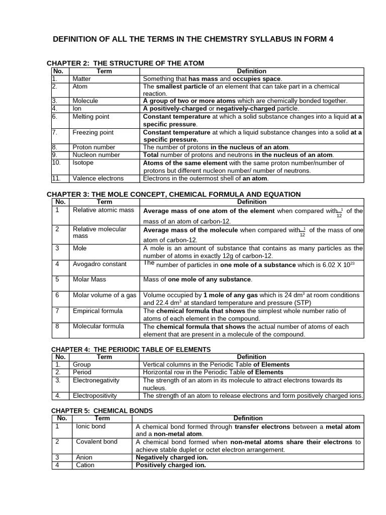 Chemistry Terms Definitions for Form 4 | PDF | Chemical Bond | Acid