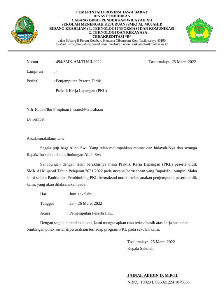 Surat Penjemputan Pkl | PDF
