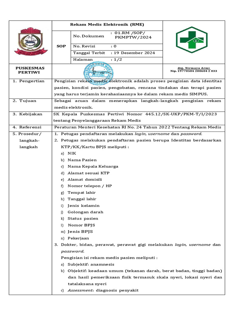 SOP Rekam Medik Elektronik (RME) | PDF