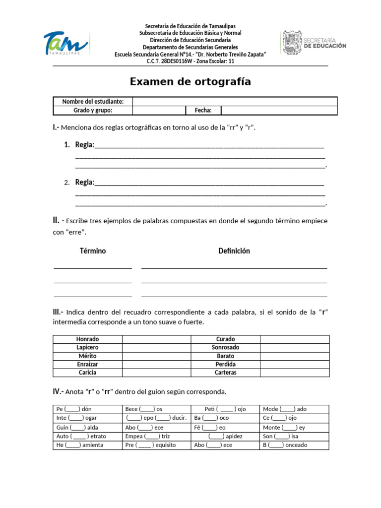 Examen de Ortografía para Secundaria | PDF