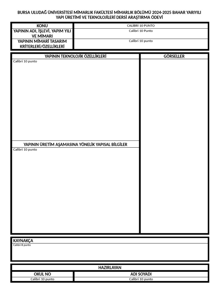 Yapi Üreti̇mi̇ Ve Teknoloji̇leri̇ Dersi̇ Araştirma Ödevi̇ Şablonu | PDF