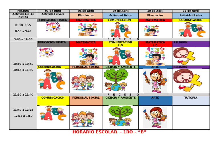 Horario Escolar 1ro "B" Abril 2023 | PDF