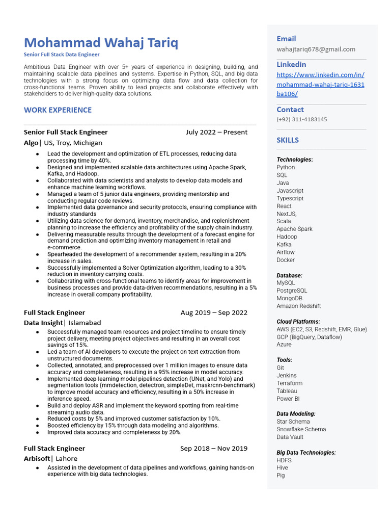 Mohammad Wahaj Tariq Resume Senior Full Stack Data Engineer | PDF ...