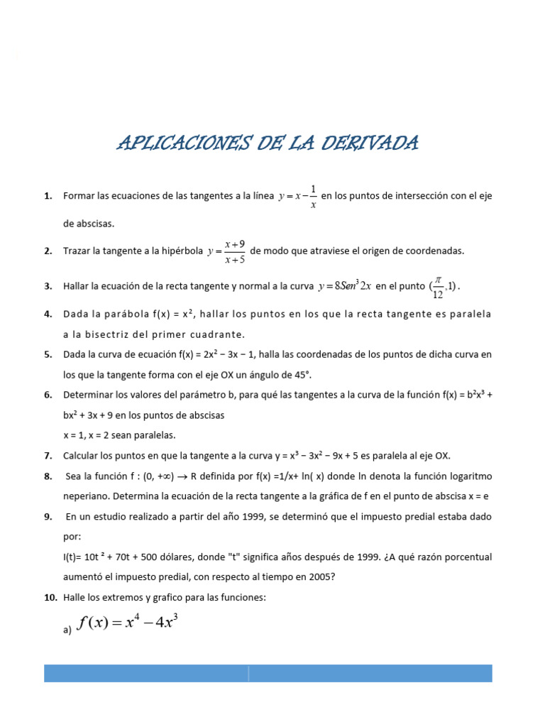 Ejercicios - Aplicaciones Derivadas | PDF | Tangente | Línea (geometría)