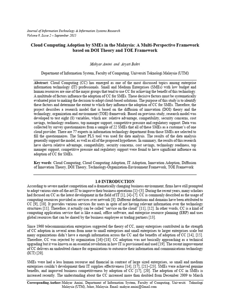 Cloud Computing Adoption by SMEs in The Malaysia A Multi-Perspective ...